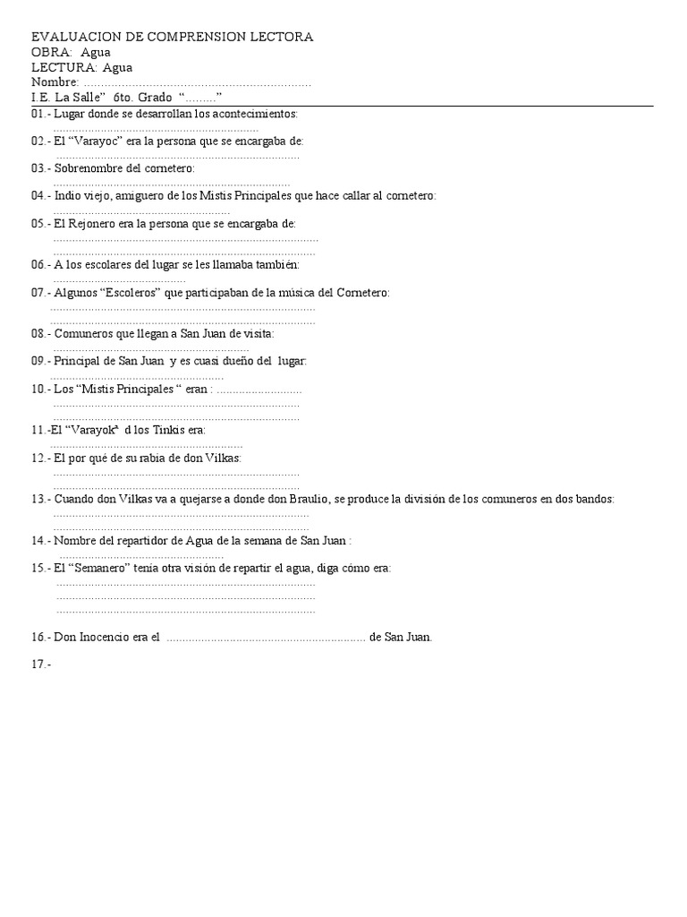 Evaluacion de Comprension Lectora Agua | PDF