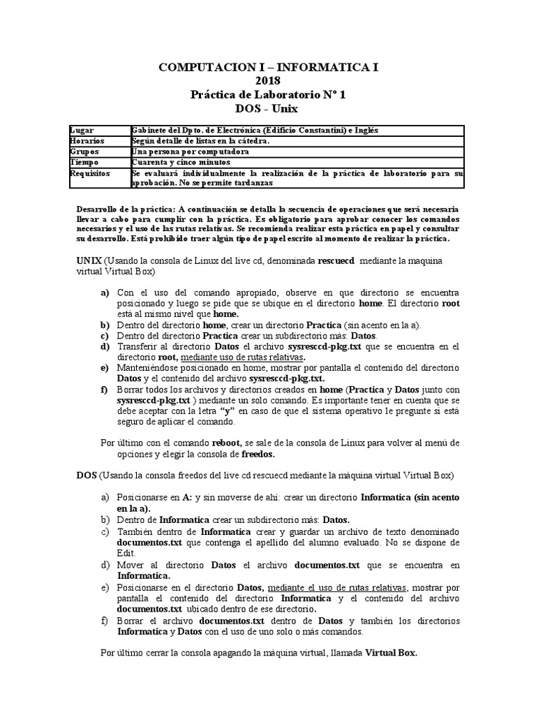 Practica Laboratorio Nro 1 DOS Unix 2018 | PDF | Archivo de computadora | Directorio (Computación)