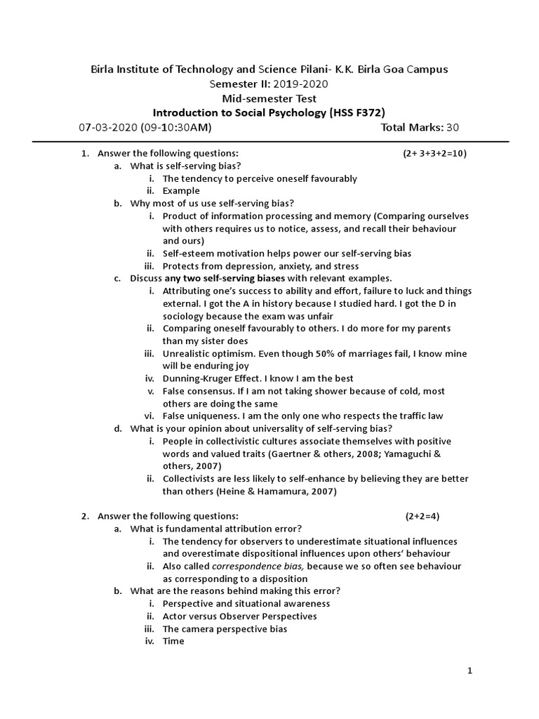 Self-Serving Bias & Social Psychology Test | PDF | Psychological ...