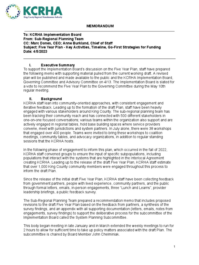 KCRHA Five Year Plan Memo | Download Free PDF | Homelessness ...