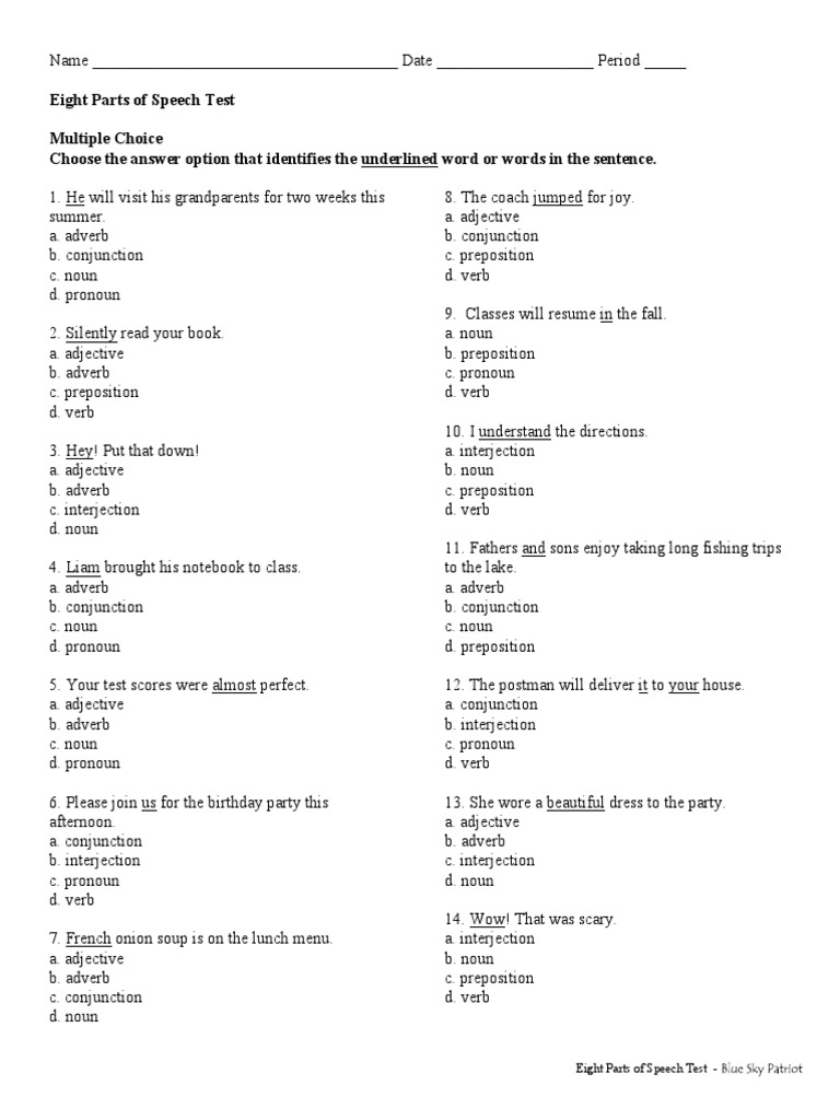 Parts of Speech Quiz | PDF | Part Of Speech | Adverb