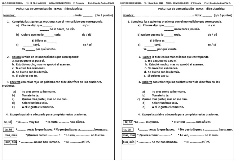 Práctica sobre el uso de la tilde diacrítica en palabras monosílabas | PDF