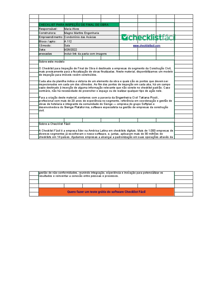Modelo de Checklist - Inspecao de Final de Obra | Download grátis PDF | Engenharia Civil ...