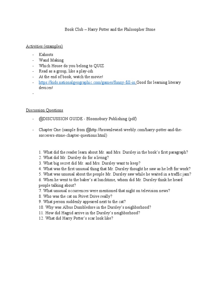 Harry Potter Book Club Activities | PDF