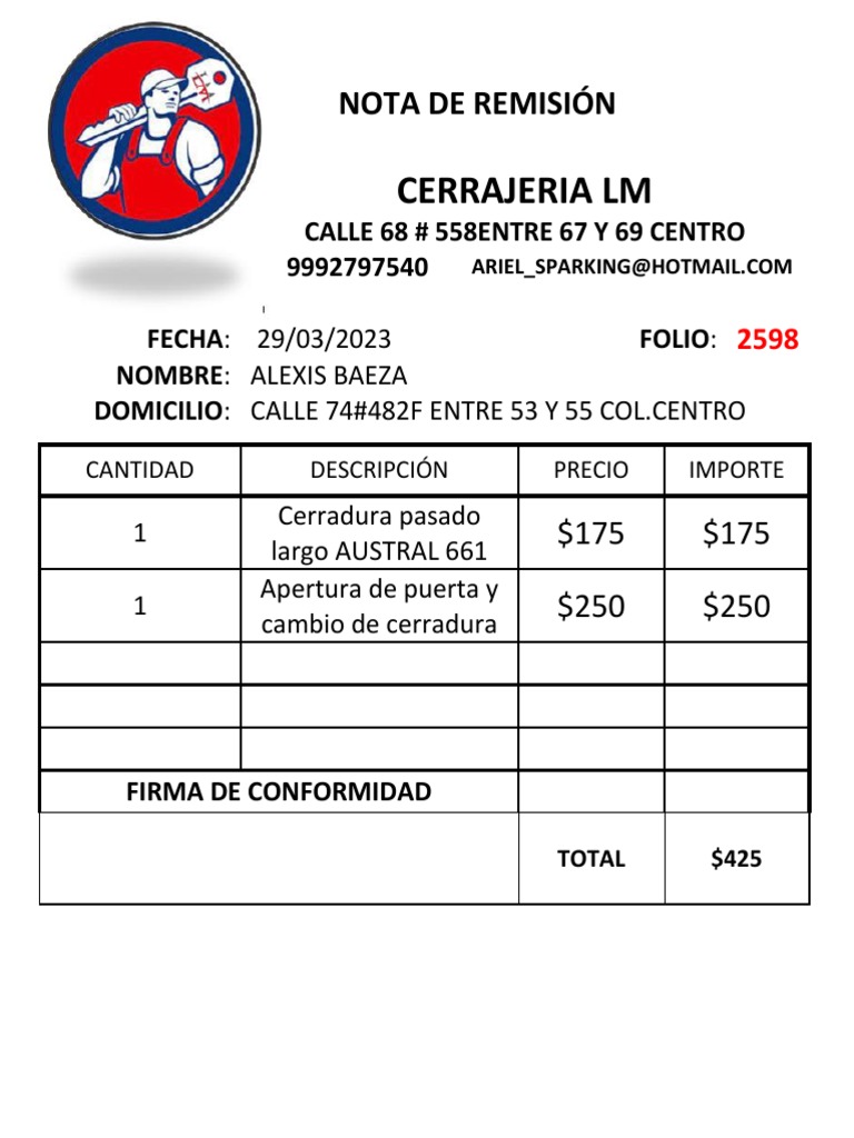 Formato de Nota Cerrajeria | PDF