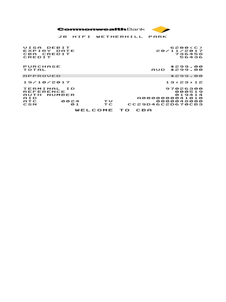 JB HiFi Wetherhill Park receipt for $299 TV purchase October 19 2017 | PDF