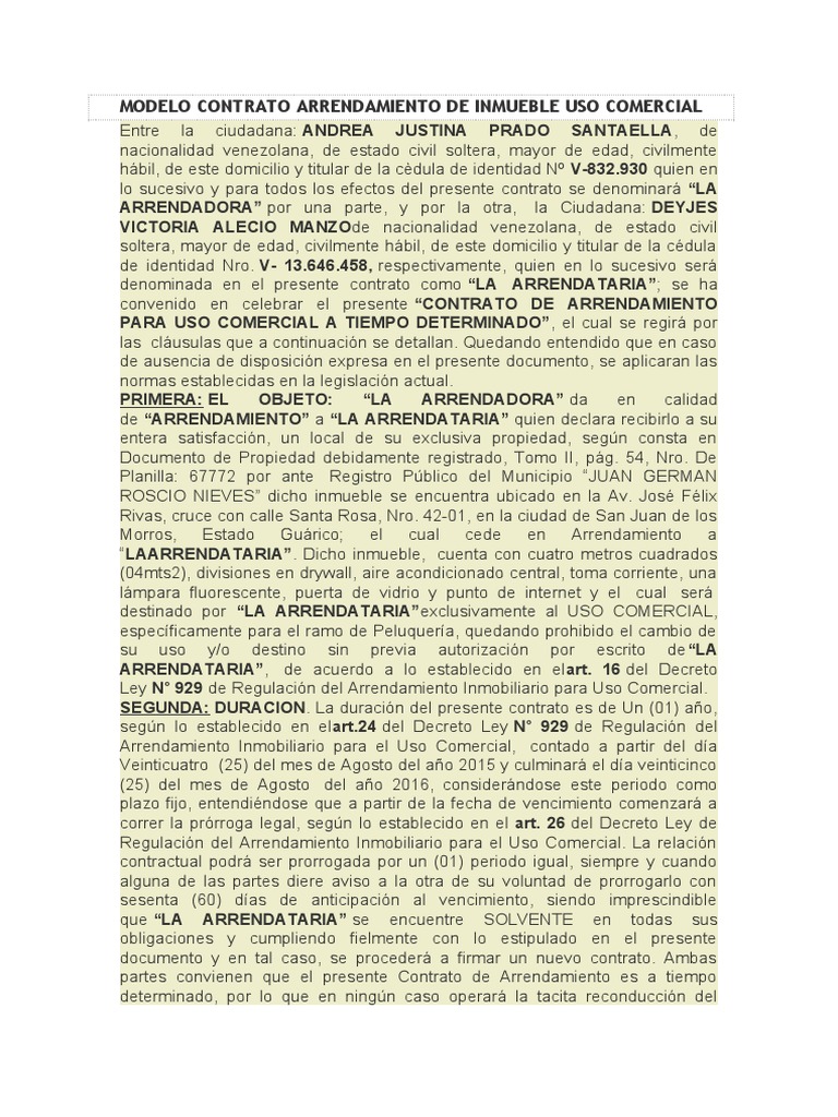 Modelo Contrato Arrendamiento De Inmueble Uso Comercial PDF Da os Y