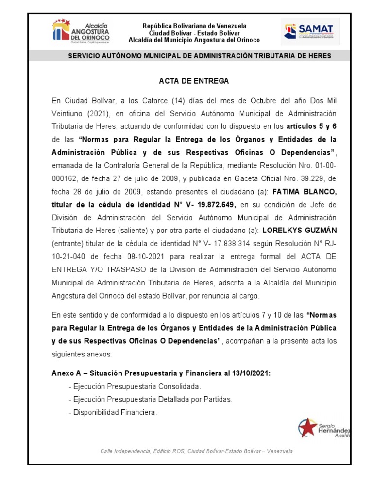 Acta de Entrega Administracion | PDF | Venezuela | Gobierno local