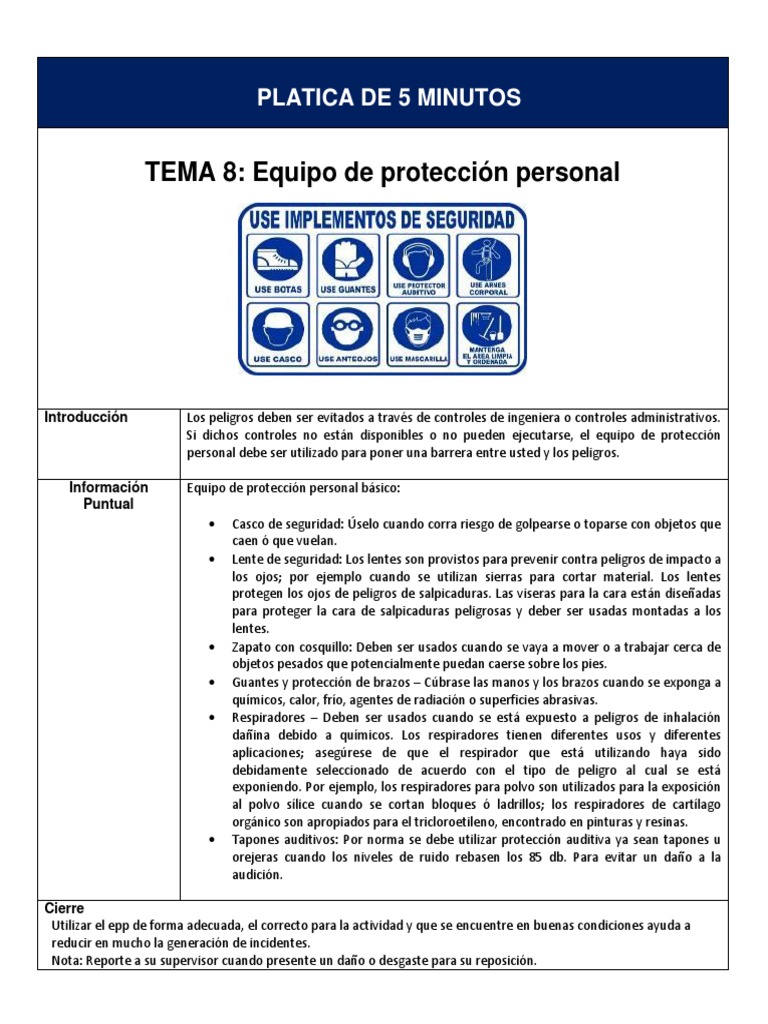 PLATICA DE 5 MINUTOS - Equipo de Proteccion | PDF | La seguridad