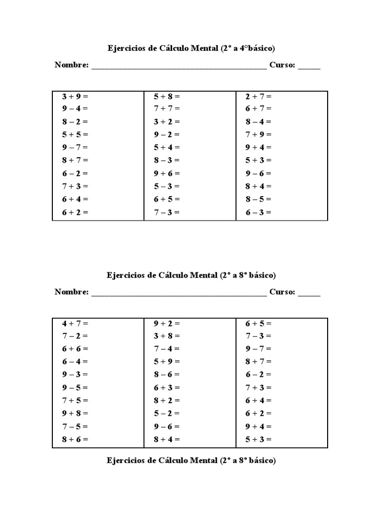 Ejercicios Cálculo Mental Sumas y Restas 2º A 4º Básico | PDF