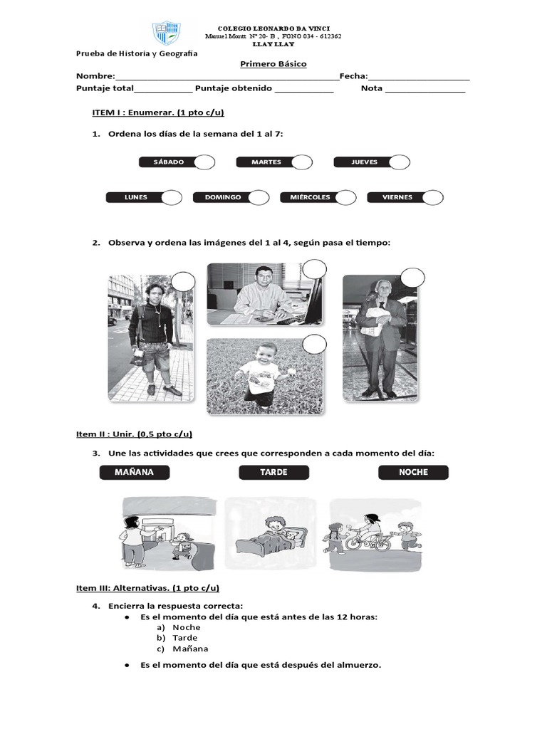 Prueba de Los Dias de La Semana 1° | PDF