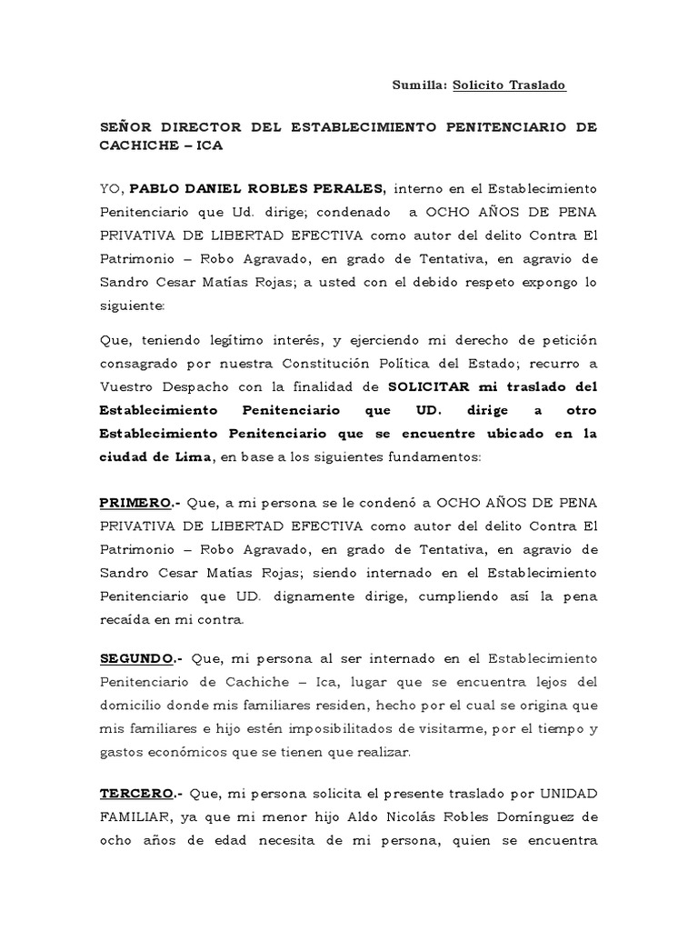 Solicitud de traslado a establecimiento penitenciario de Lima para ...