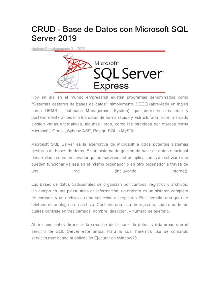 Guía CRUD con SQL Server 2019 | PDF | SQL | Servidor SQL de Microsoft