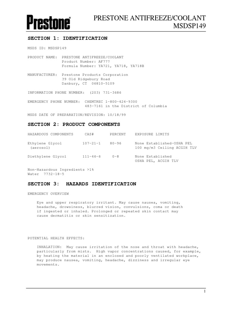MSDS DCR 008 Anticongelante | PDF | Combustion | Occupational Safety ...