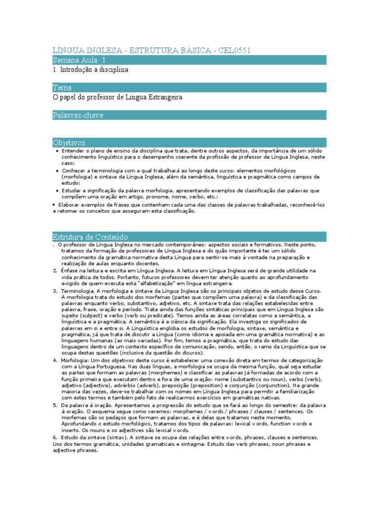 Plano de Aula Estrutura B Sica | PDF | Palavra | Linguística