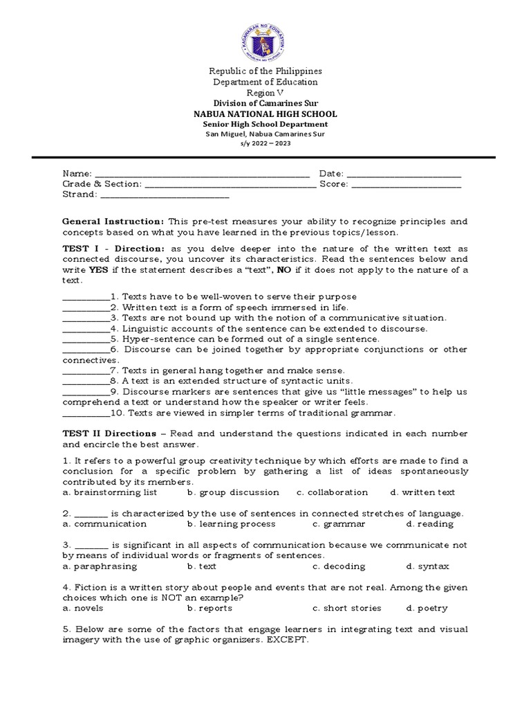 Reading and Writing Pre Test | PDF | Reading Comprehension | Brainstorming