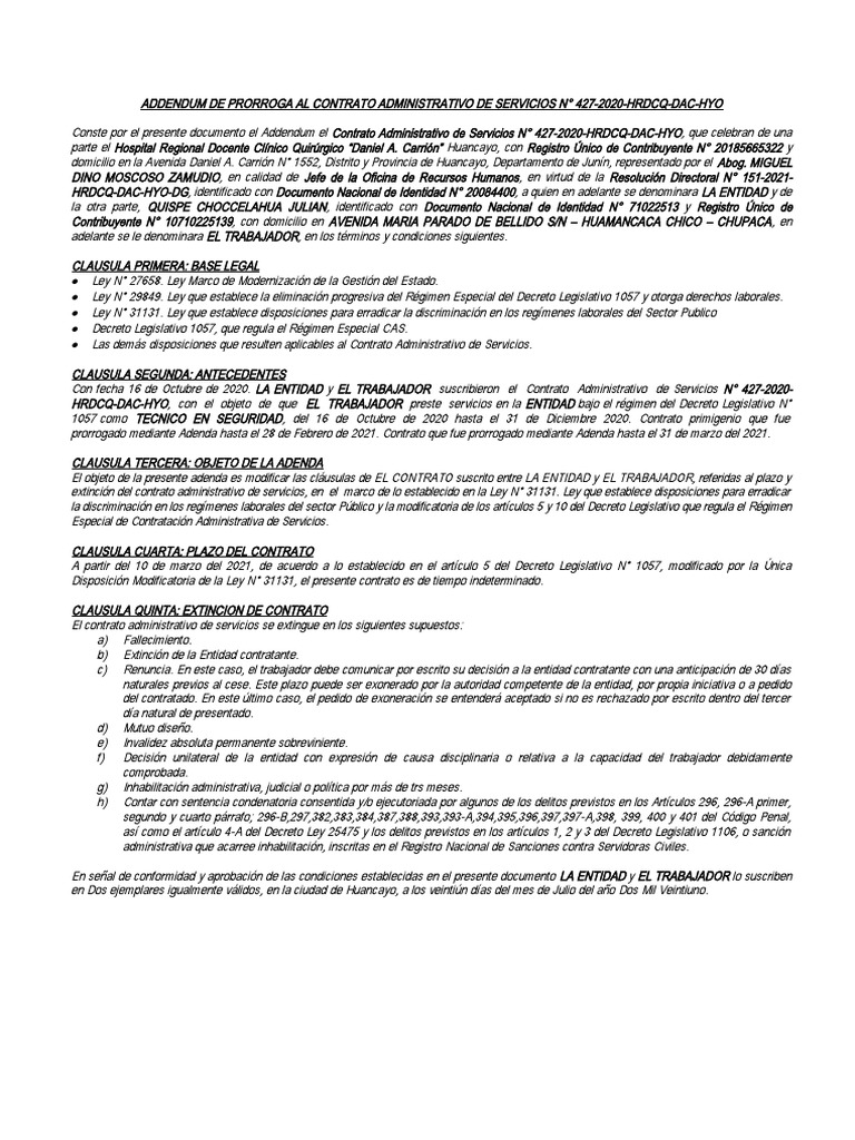 Addendum de Prorroga Al Contrato Administrativo de Servicios N | PDF | Gobierno | Justicia