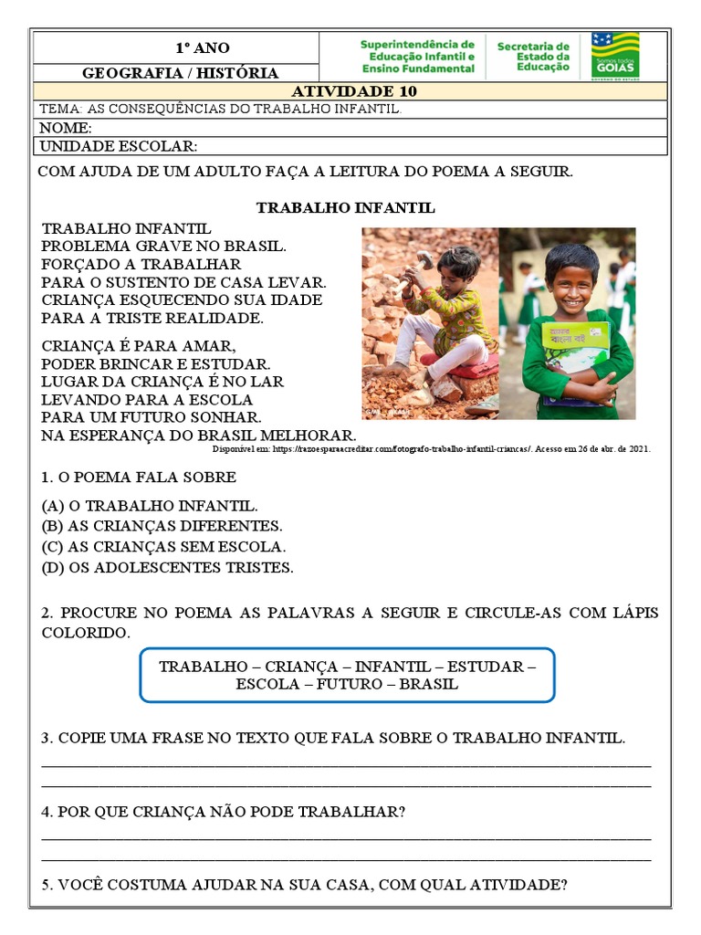 Atividade 10 1o Ano Geo Hist Tema As Consequencias Do Trabalho Infantil | PDF | Trabalho infantil