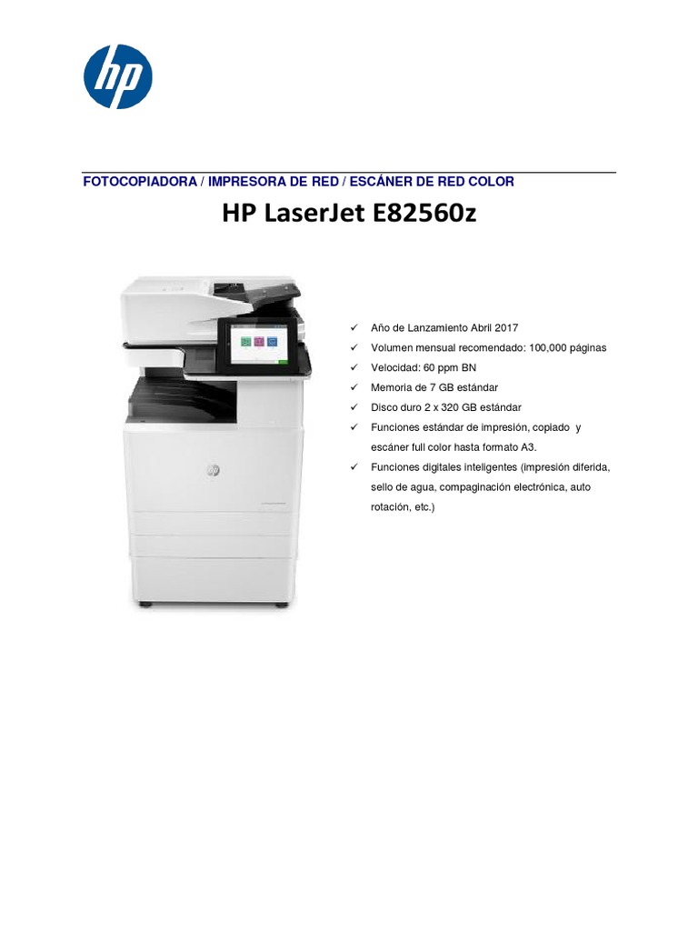 HP LaserJet E82560Z | PDF | Escáner de imagen | Fotocopiadora