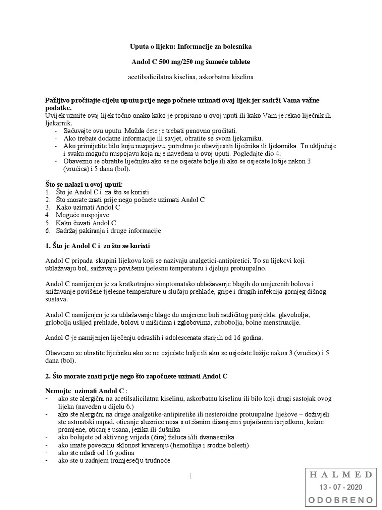 Andol C Sumece Tablete PIL | PDF