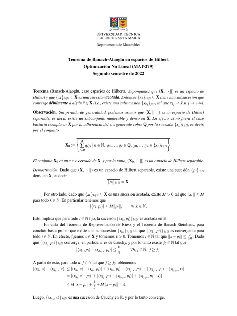 Teorema de Banach-Alaoglu en Hilbert | PDF | Espacio de Hilbert | Análisis