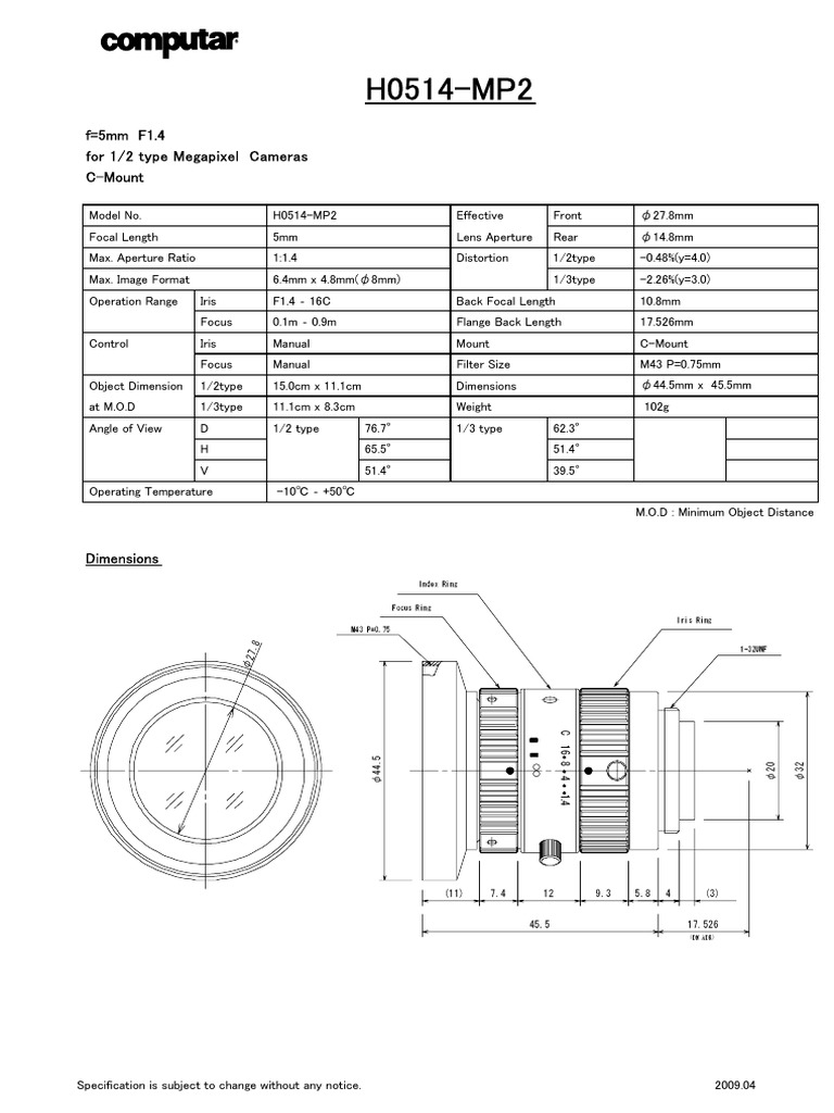 F 5mm F1.4 or 1/2 Type Megapixel Cameras C-Mount: Index Ring | PDF ...