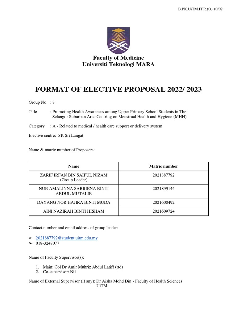 Format of Elective Proposal 2022/ 2023: Faculty of Medicine Universiti ...