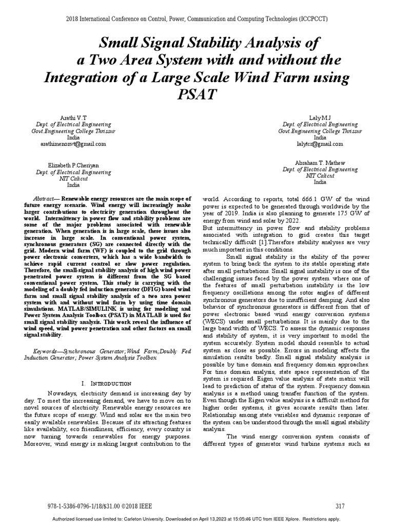 Small Signal Stability Analysis of A Two Area System With and Without The Integration of A Large ...