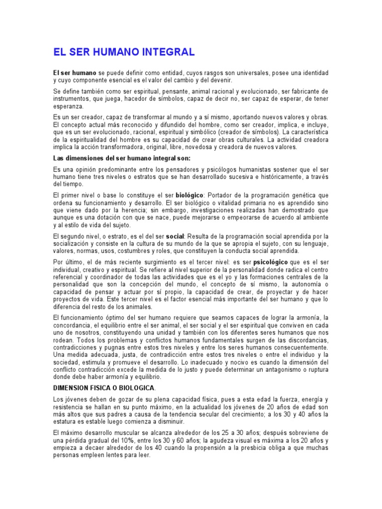 El Ser Humano Integral: El Ser Humano Se Puede Definir Como Entidad ...