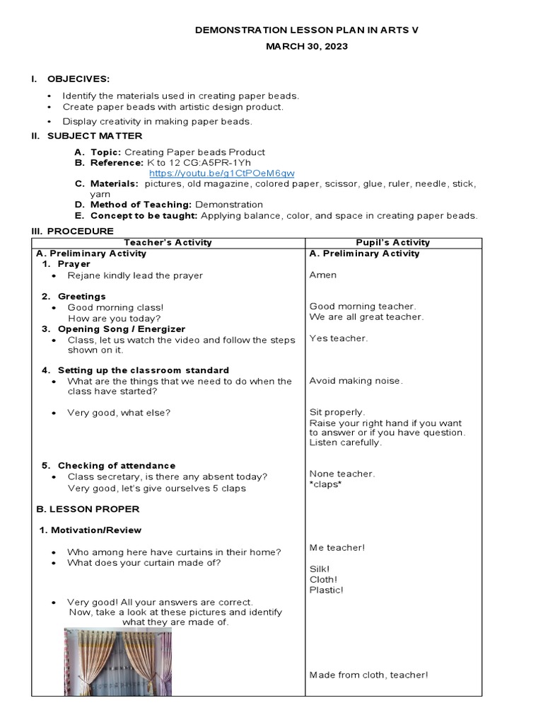 Demonstration Lesson Plan in Arts V Final | PDF | Teachers | Bead