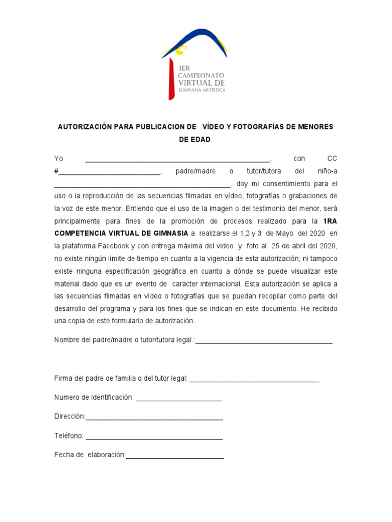 Autorización para Publicacion de Vídeo y Fotografías de Menores de Edad ...