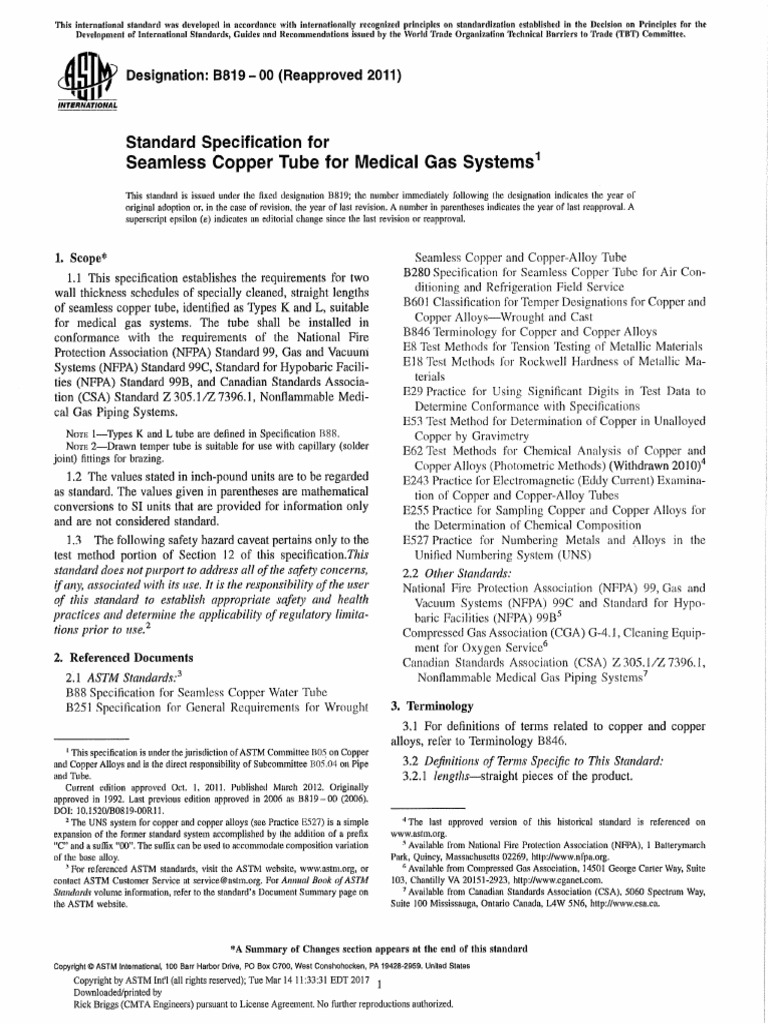 ASTM B819 Seamless Copper Tube For Medical Gas | PDF