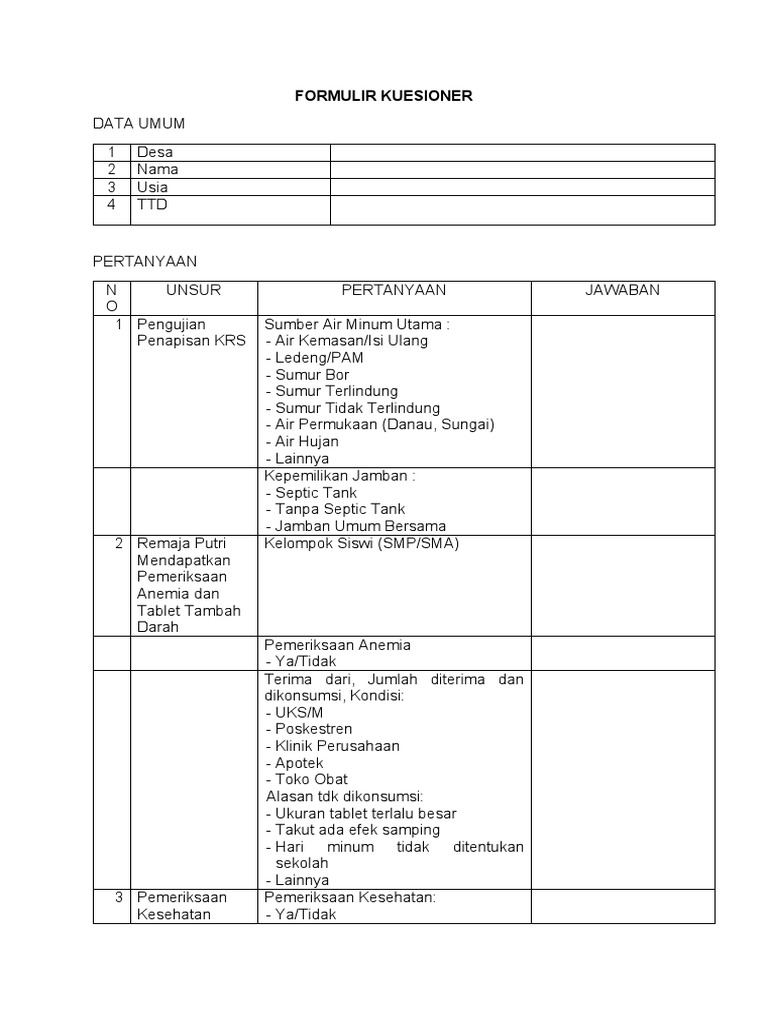 Form Kuesioner Catin | PDF