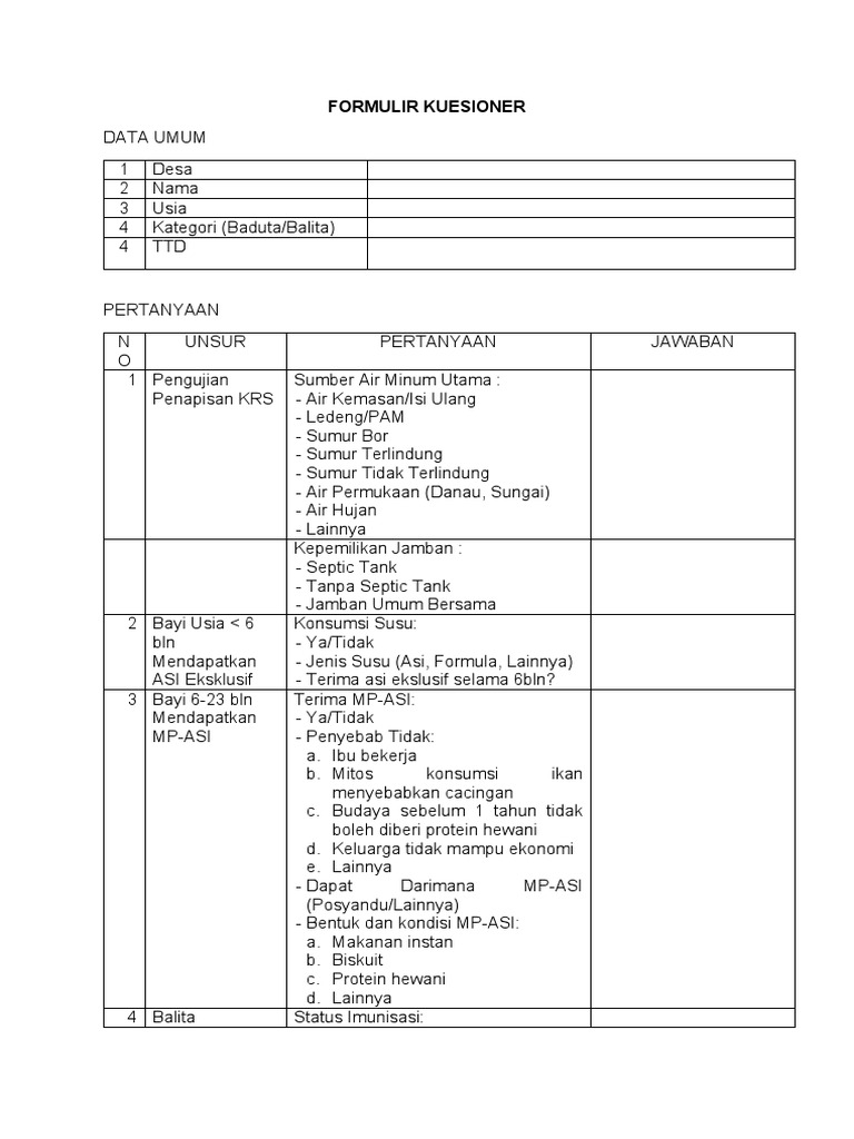 Form Kuesioner Baduta | PDF