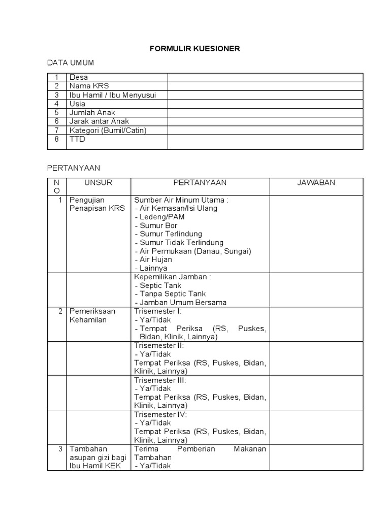 Form Kuesioner Ibu Hamil | PDF