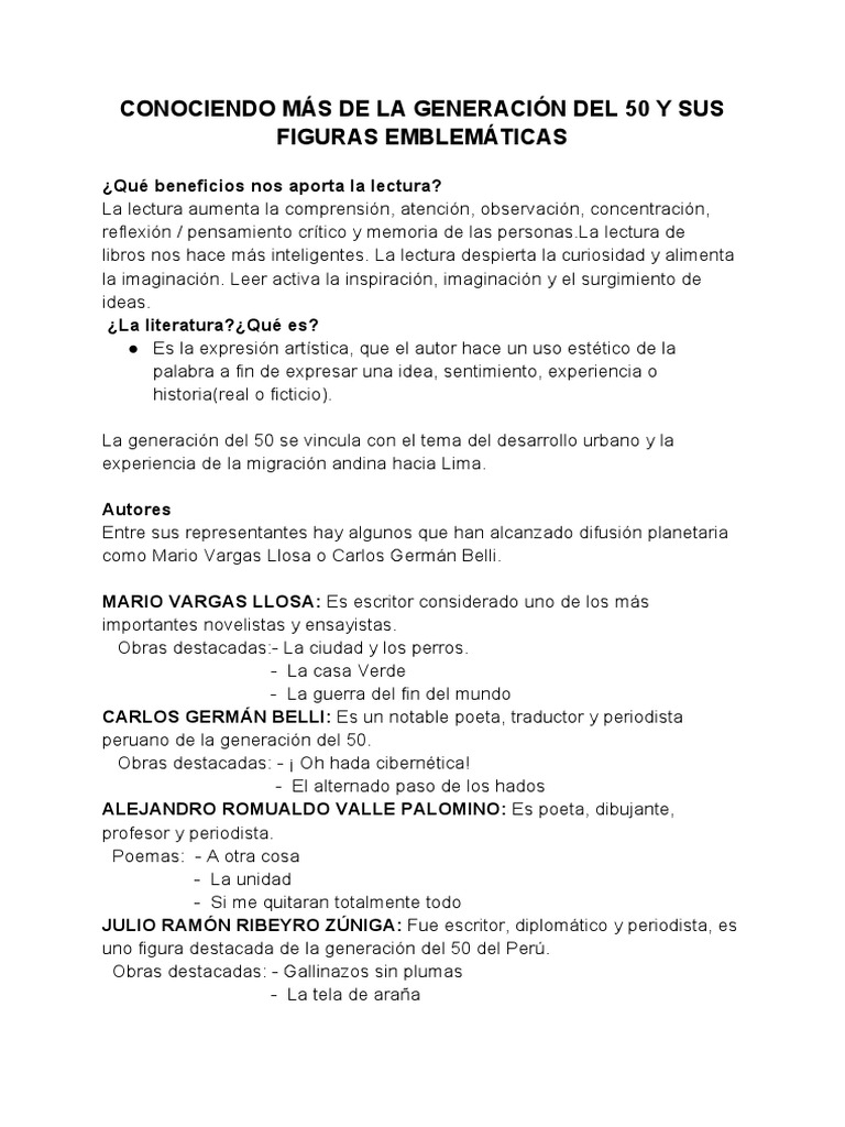 Conociendo Más de La Generación Del 50 y Sus Figuras Emblemáticas | PDF ...