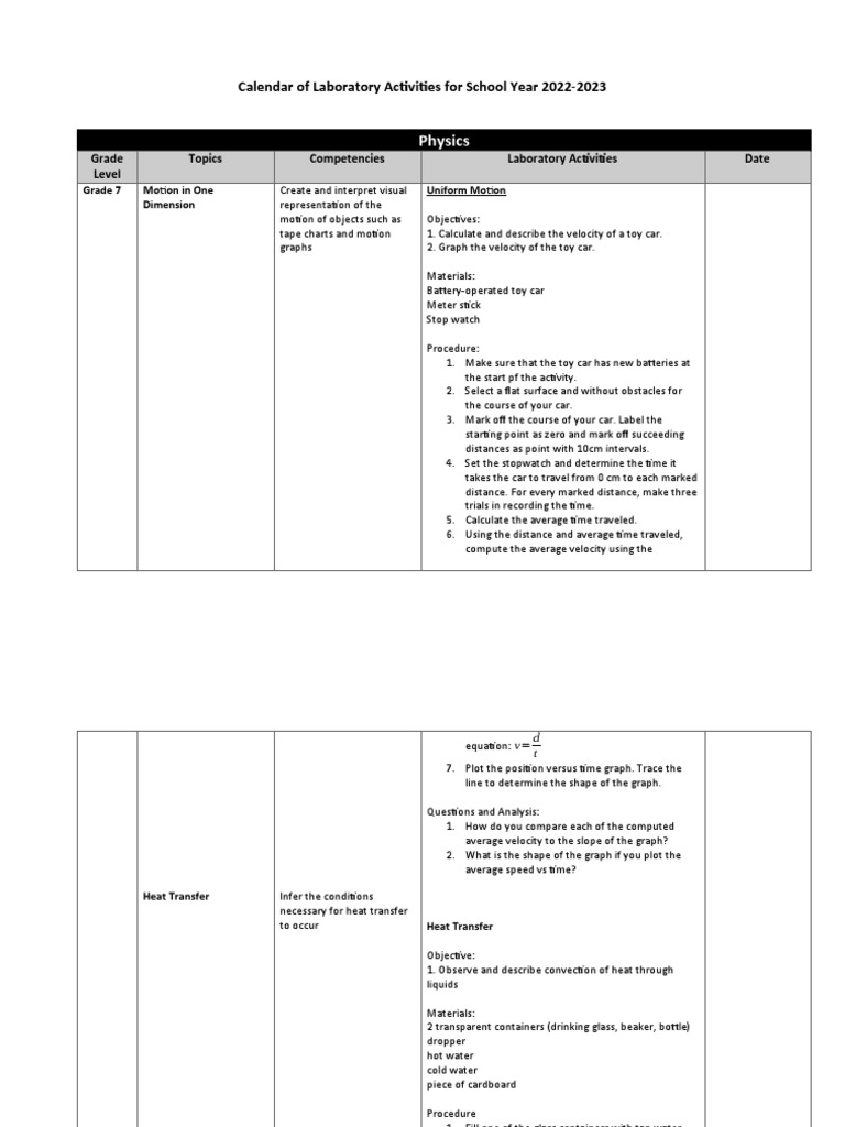 Calendar of Physics Laboratory Activities for the 2022-2023 School Year ...