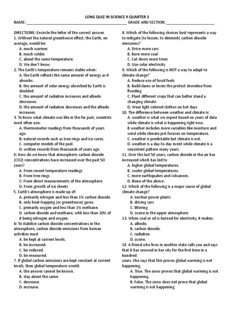 Science 9 Quarter 3 Quiz on Climate and Volcanoes | PDF | Volcano ...