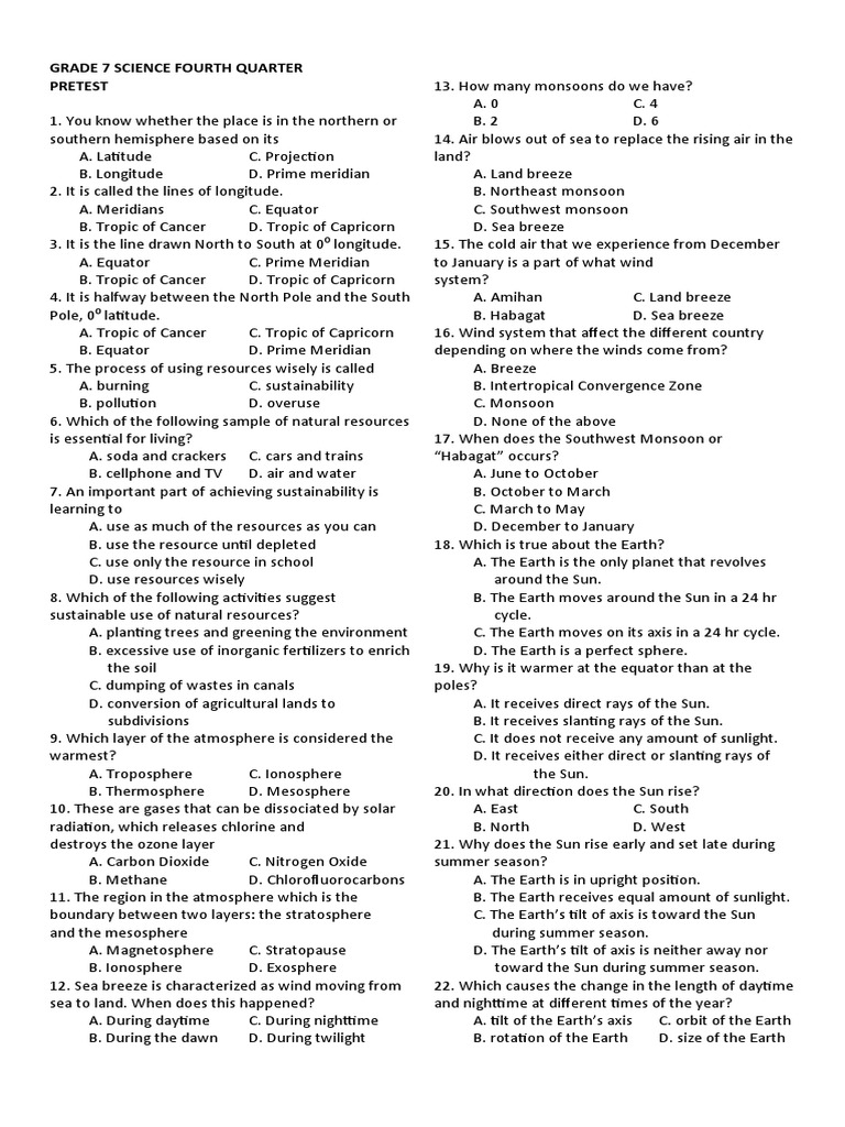 Grade 7 Science 4th Quarter Pretest For Students | Download Free PDF ...