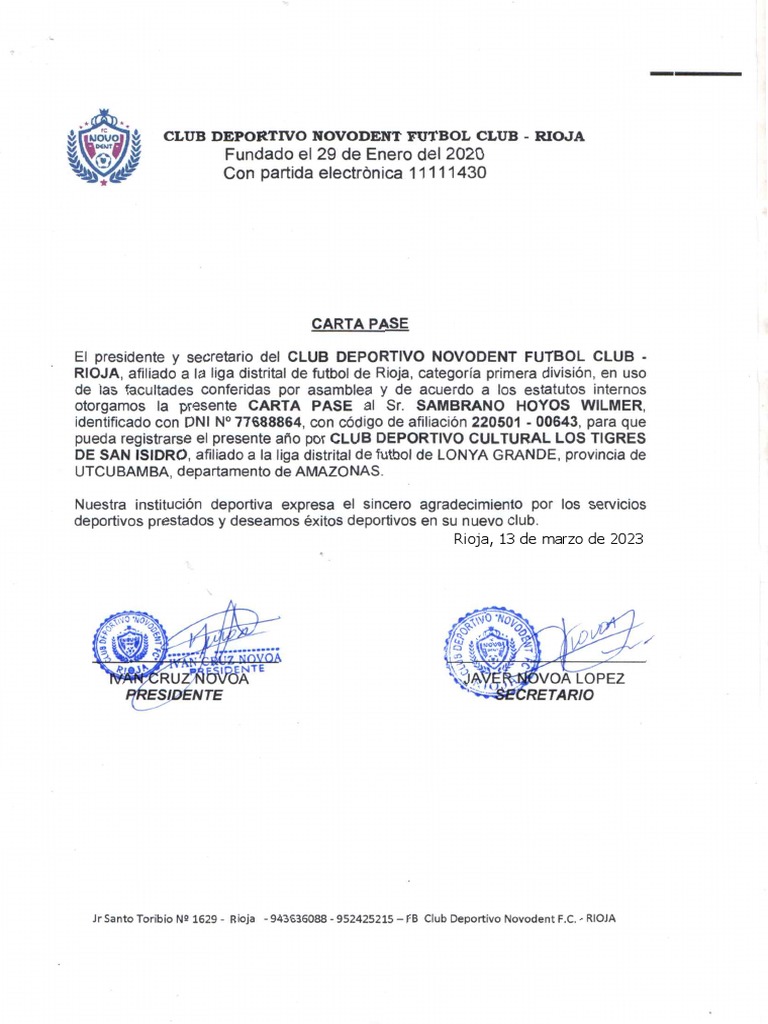 Carta Pase Sambrano | PDF