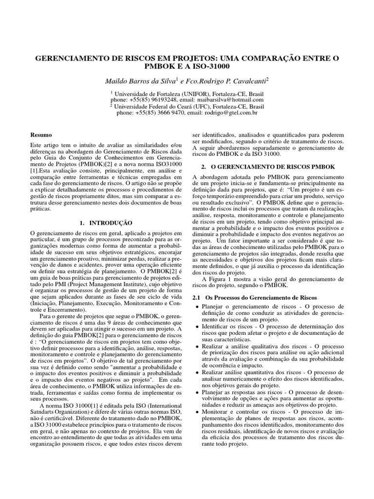 Gerenciamento de Riscos em Projetos Uma Comparacao Entre o Pmbok e A Iso 31000 | PDF | Business ...