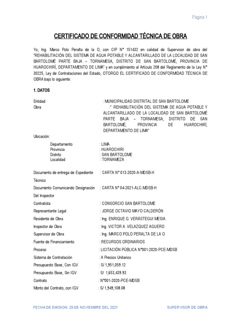 Certificado de Conformidad Tecnica de Obra | PDF | Hormigón | Ingeniero civil