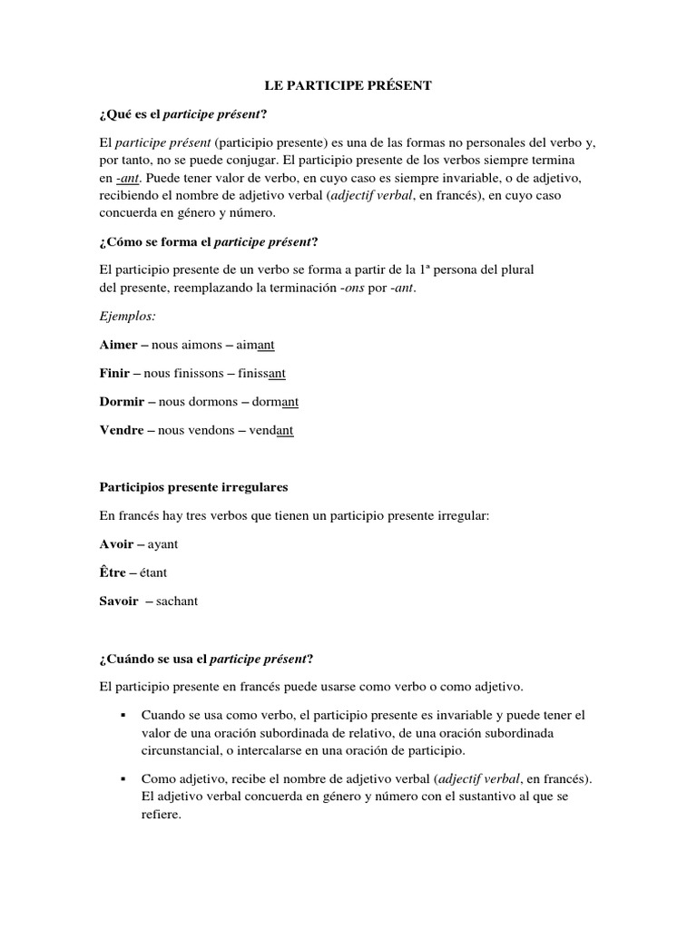 Le Participe Présent | PDF | Verbo | Numero Gramatical