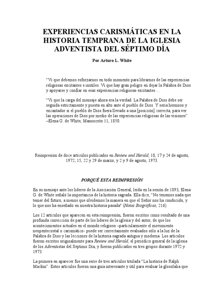 Experiencias Carismáticas en La Historia Temprana de La Iglesia Adventista Del Séptimo Día | PDF ...