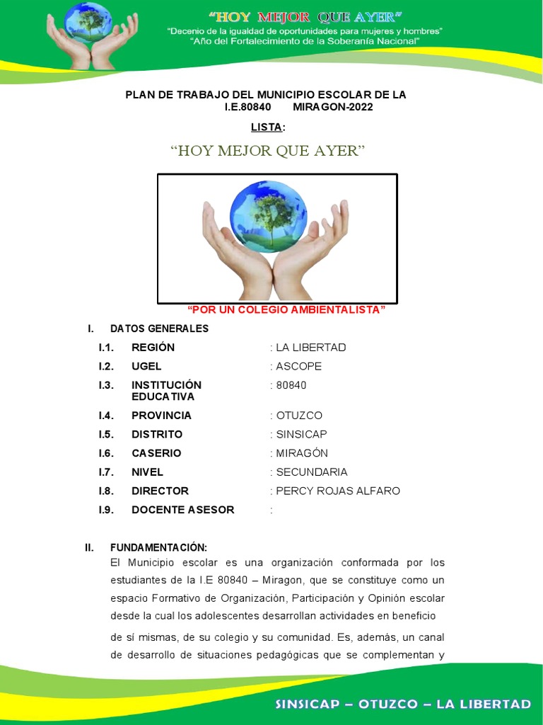 Plan anual de actividades del Municipio Escolar de la I.E. 80840 ...
