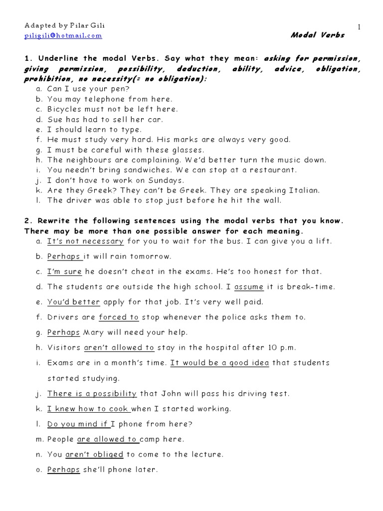 Modal Verbs Exercises PDF Week 1 | PDF