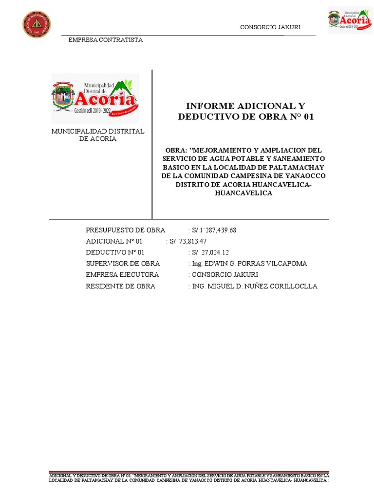 Memoria de Adicional y Deductivo #01 | PDF | Presupuesto | Tubería (transporte de fluidos)