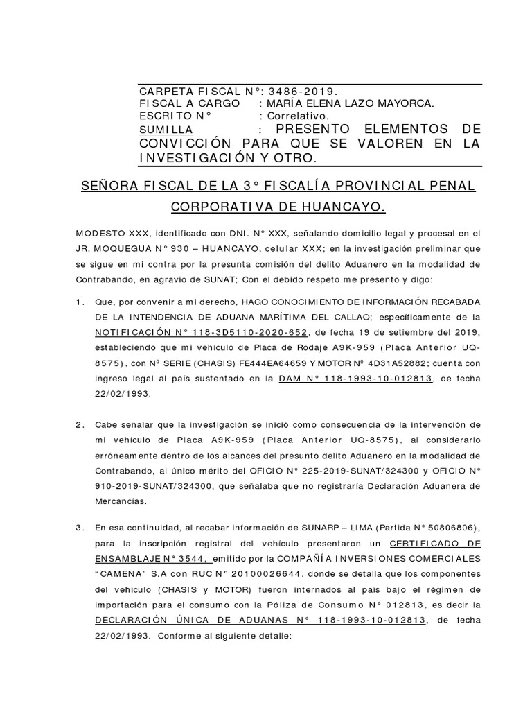 Escrito Presenta Elementos Convicción | PDF | aduana | Gobierno