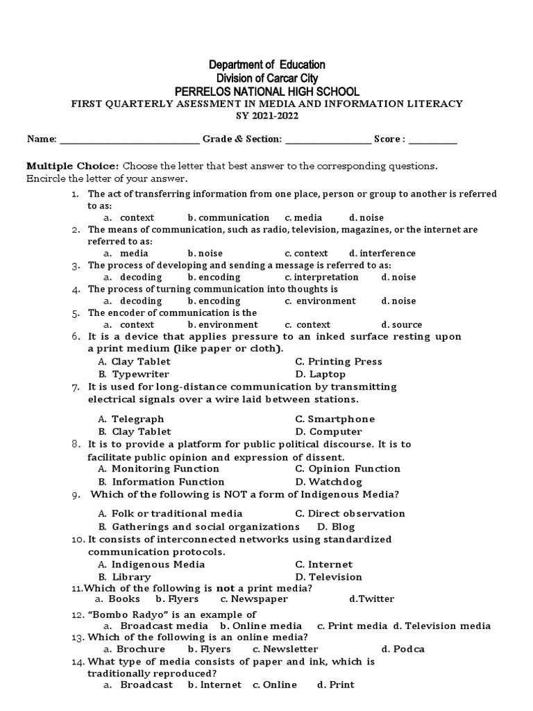 MEDIA AND INFORMATION 1st Quarterly Assessment | PDF | Communication ...