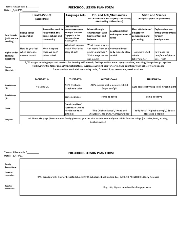 Preschool Lesson Plan: All About Me | PDF